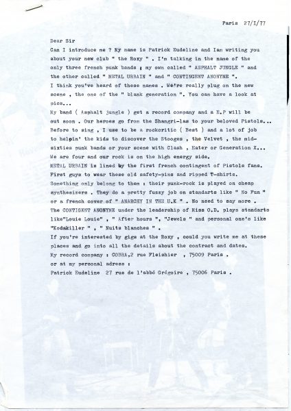 Letter from Asphalt Jungle to ROXY - The Roxy