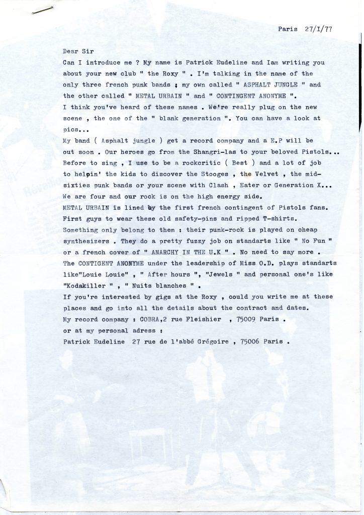 Letter from Asphalt Jungle to ROXY - The Roxy