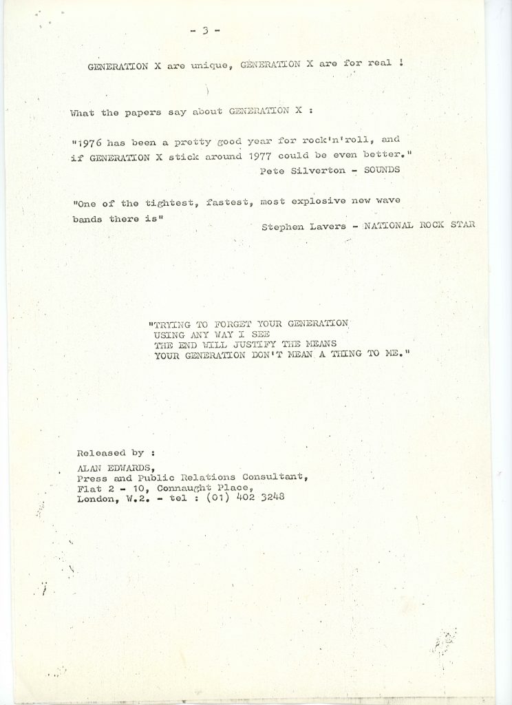 Original Generation X Press release Jan1977 - The Roxy